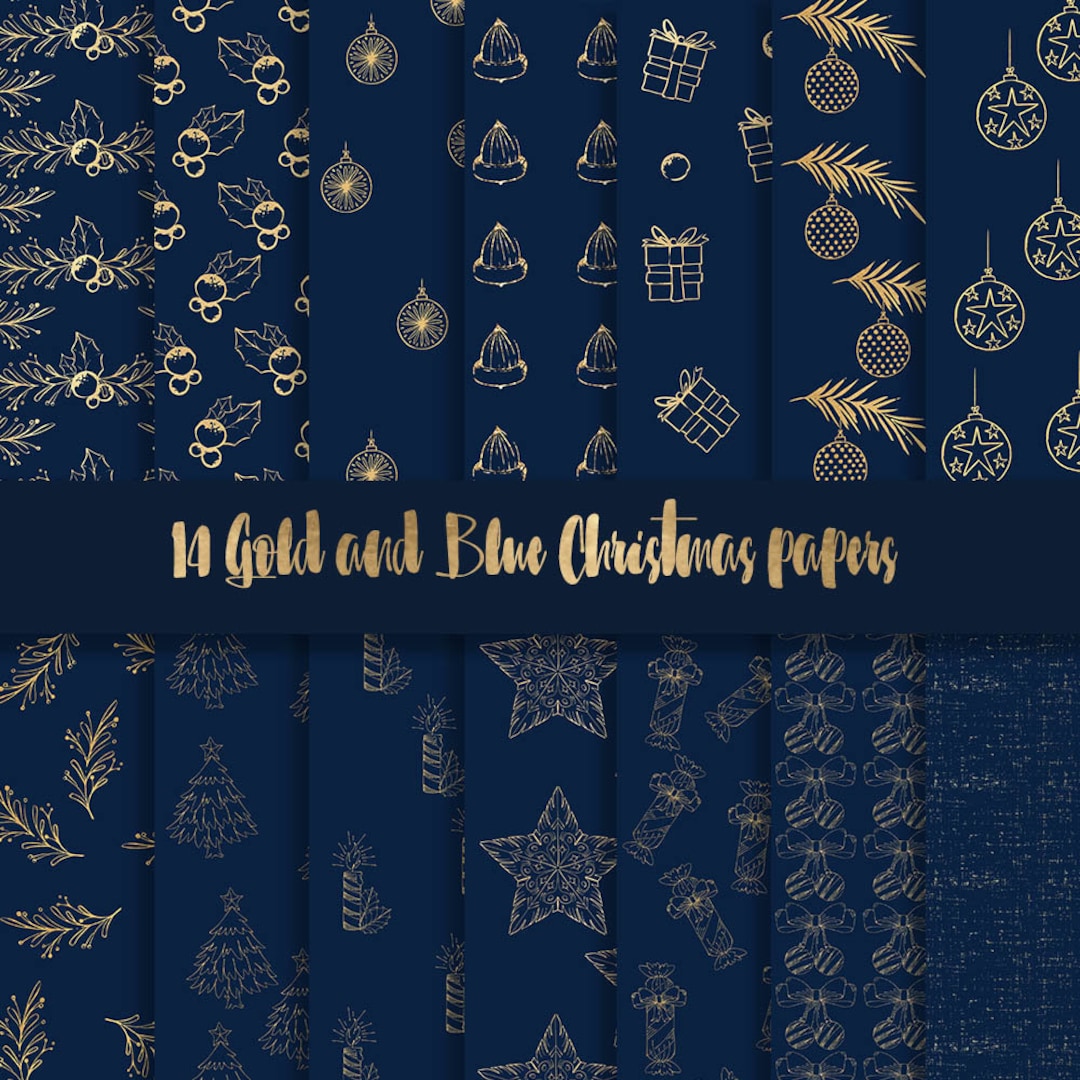 Blue and Gold Christmas Digital Paper, Christmas Background, Gold and ...