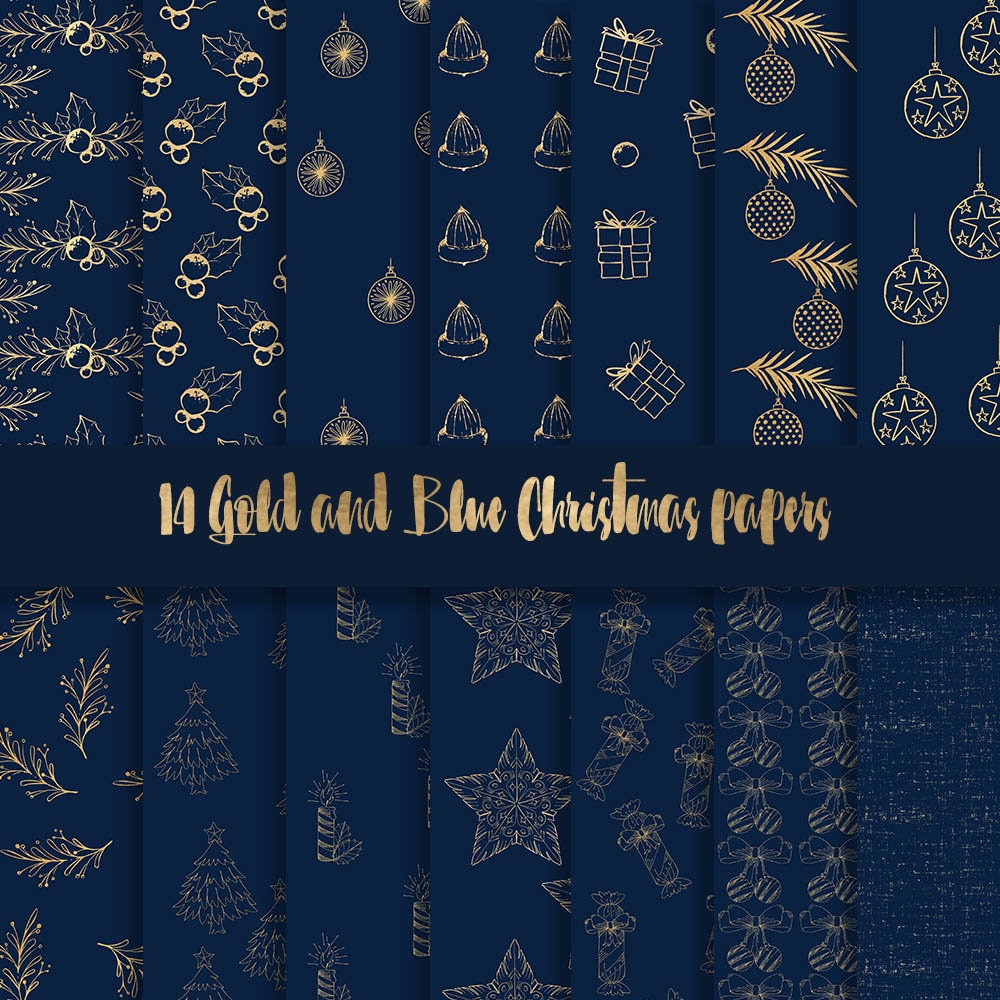 Blue and Gold Christmas Digital Paper, Christmas Background, Gold and ...