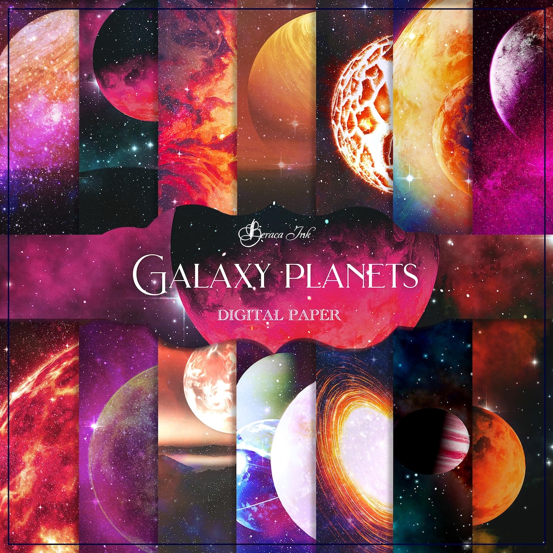 Galaxy Planets Digital Paper, Moon Backdrop, Outer Space Paper, Sun ...