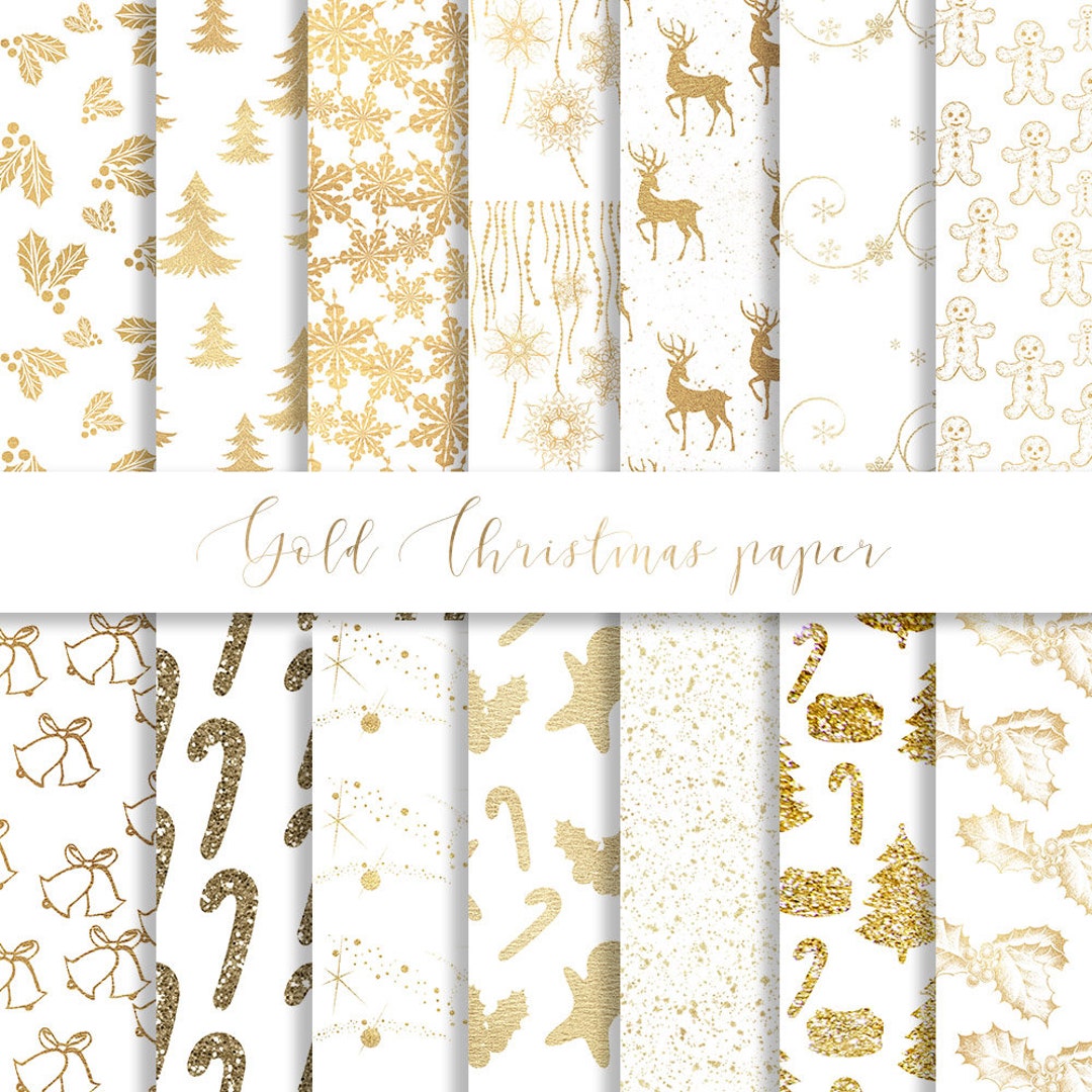 Gold Christmas Digital Paper, Xmas Tree Paper, Winter Background, Gold ...