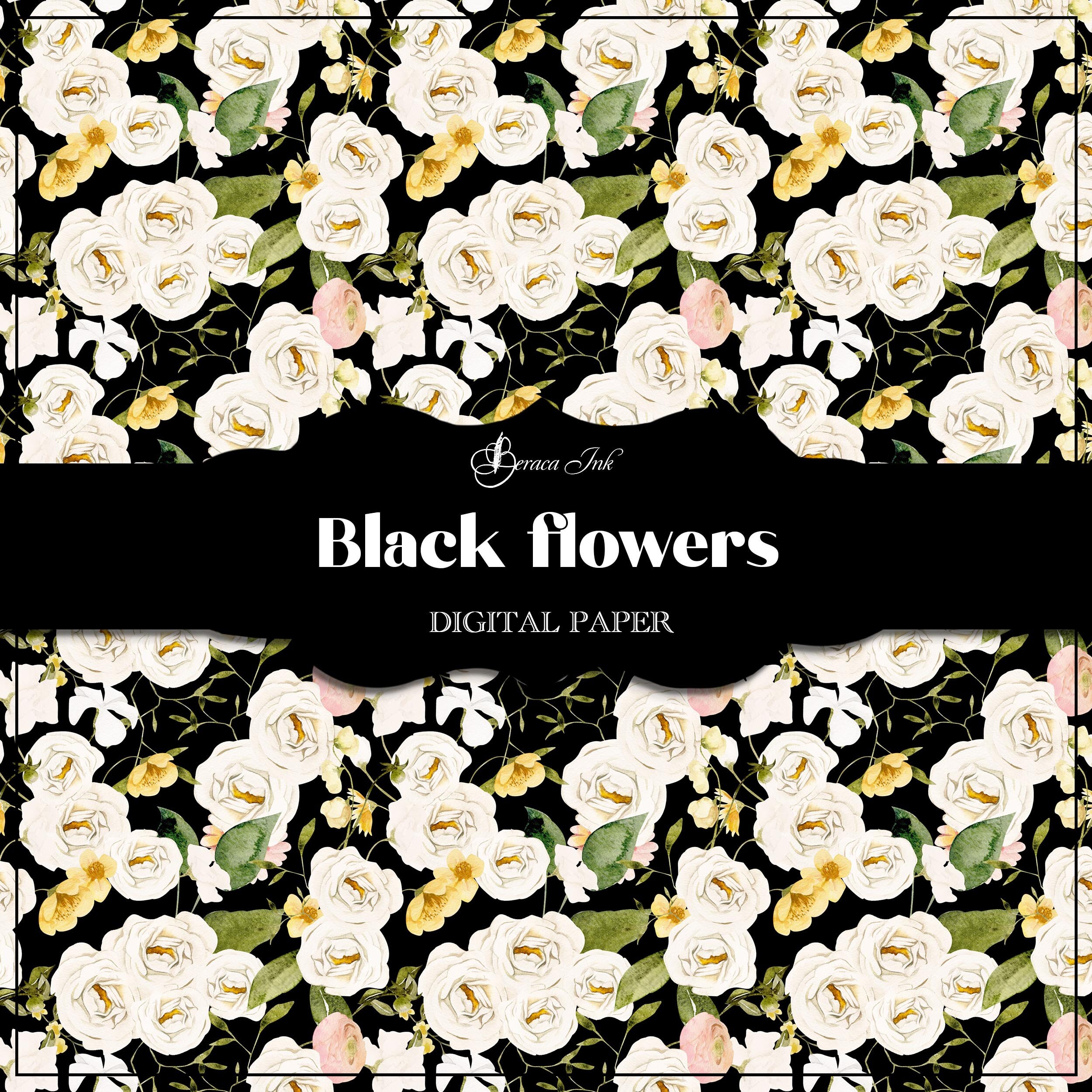 Black Flowers Digital Paper Seamless Pattern White Floral - Etsy