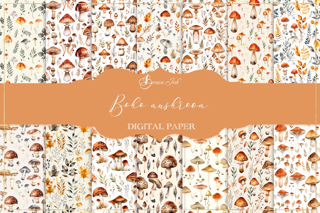 Boho Mushrooms Digital Paper, Mushroom Seamless Pattern, Forest ...
