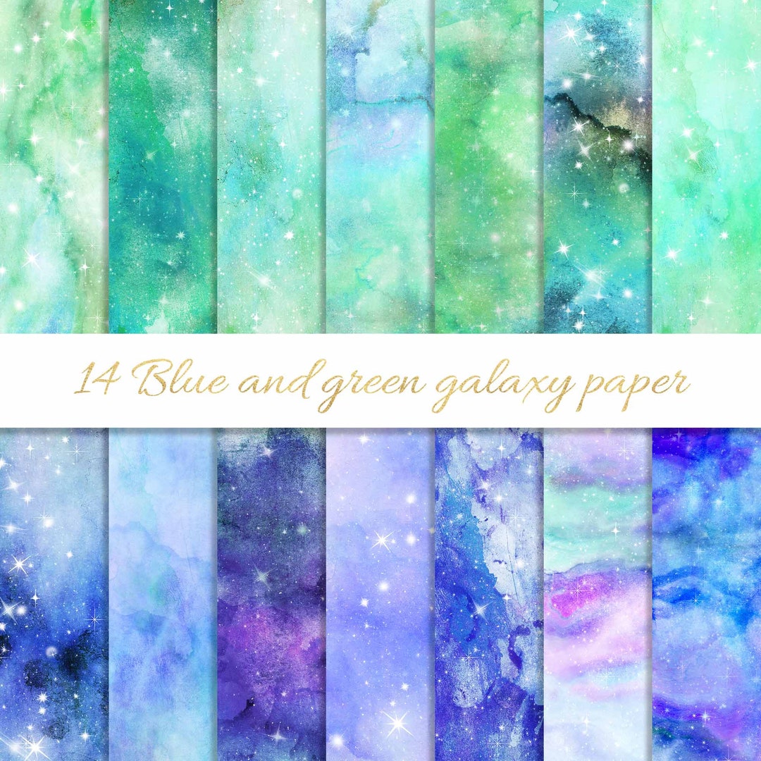 Blue and Green Galaxy Digital Paper, Green Galaxy Paper, Cosmic Paper ...