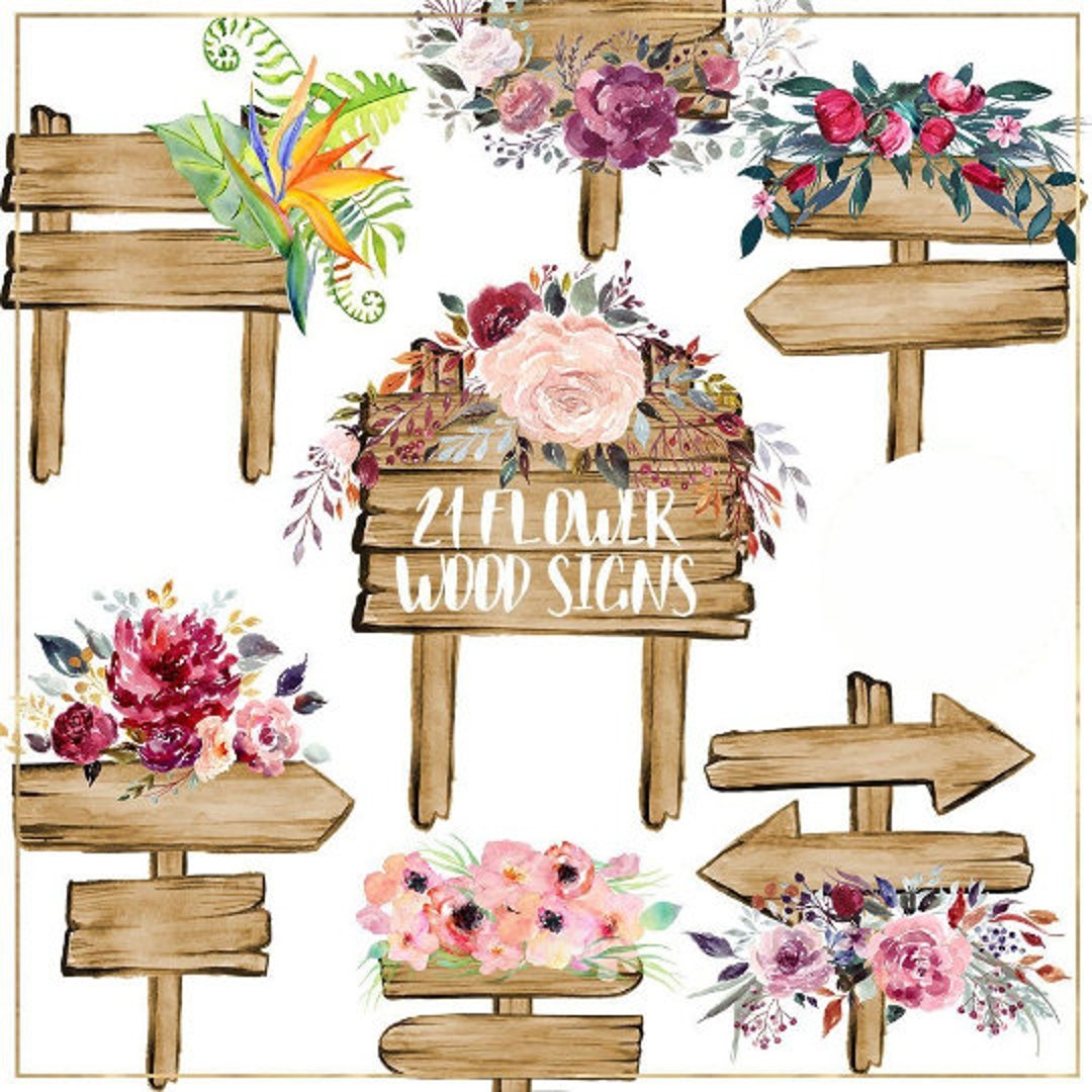 Flower Wood Sign Clipart, Watercolor Flowers Sign, Wooden Flower Sign ...