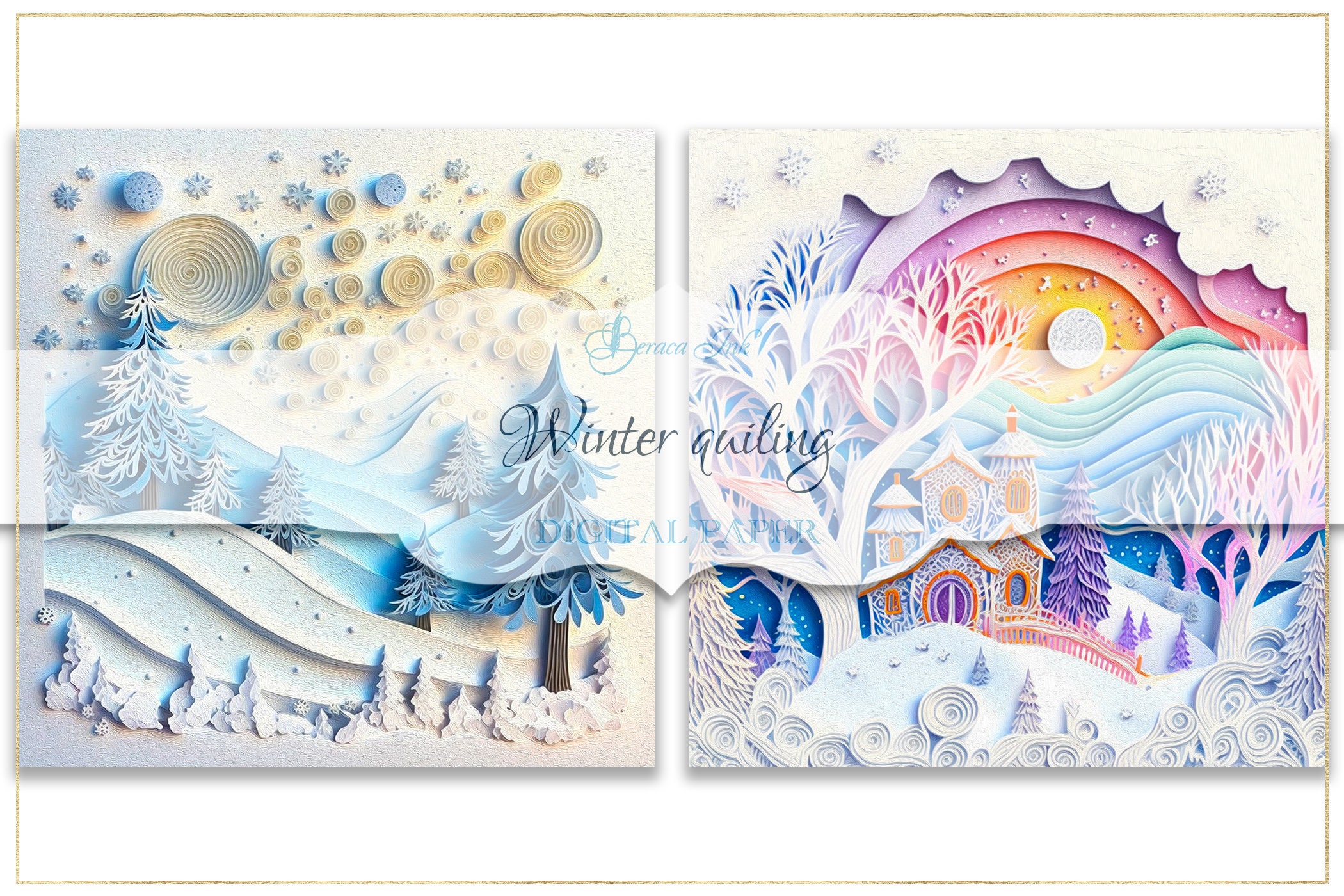 Winter Quilling Digital Paper Pastel Pink Christmas Scene - Etsy