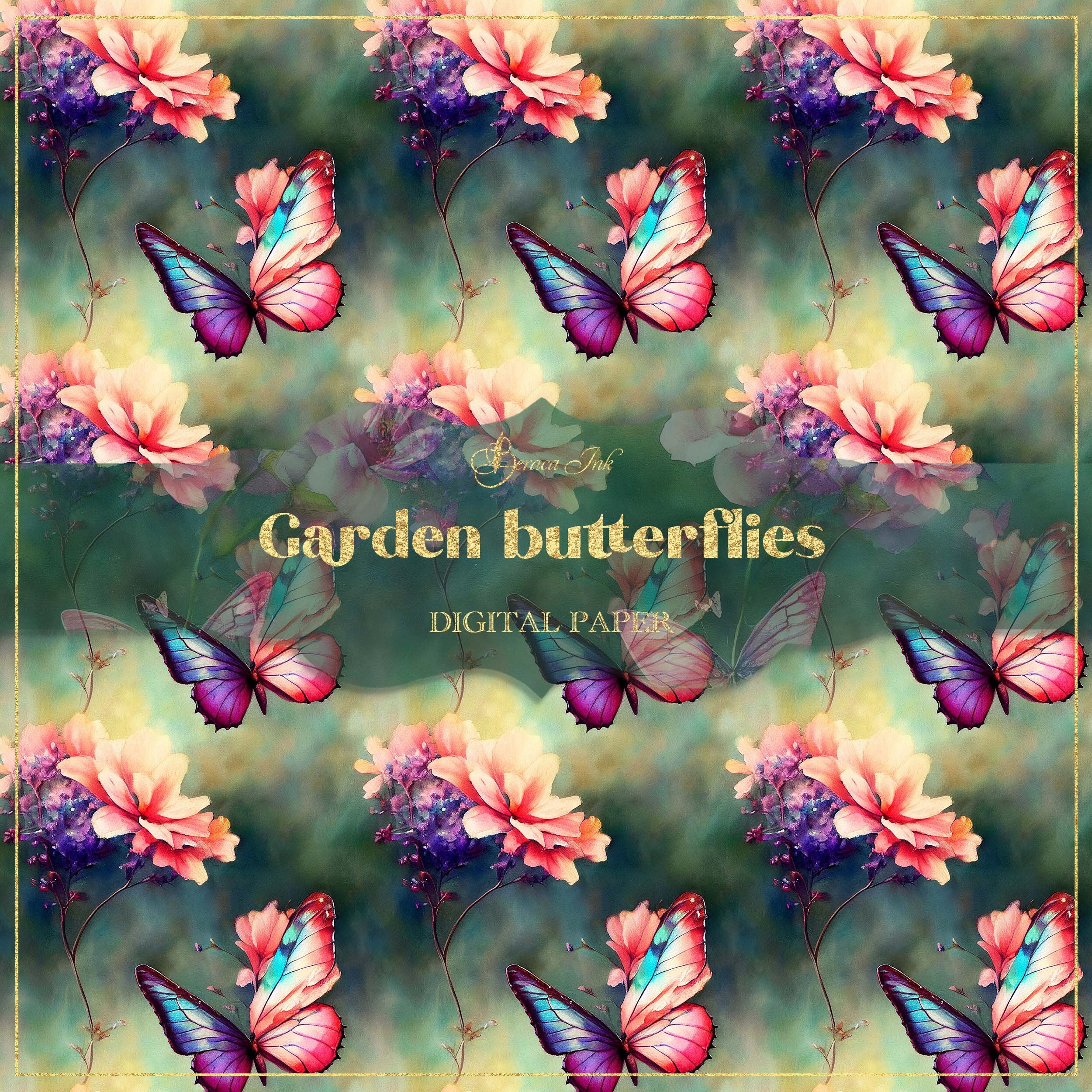 Garden Butterflies Digital Paper, Seamless Pattern, Floral Background ...