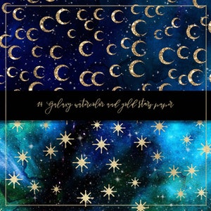 Galaxy Gold Stars Digital Paper, Gold Stars Pattern, Watercolor Texture ...