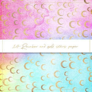 Rainbow Gold Stars Watercolor Digital Paper, Gold Stars Pattern, Cosmic ...