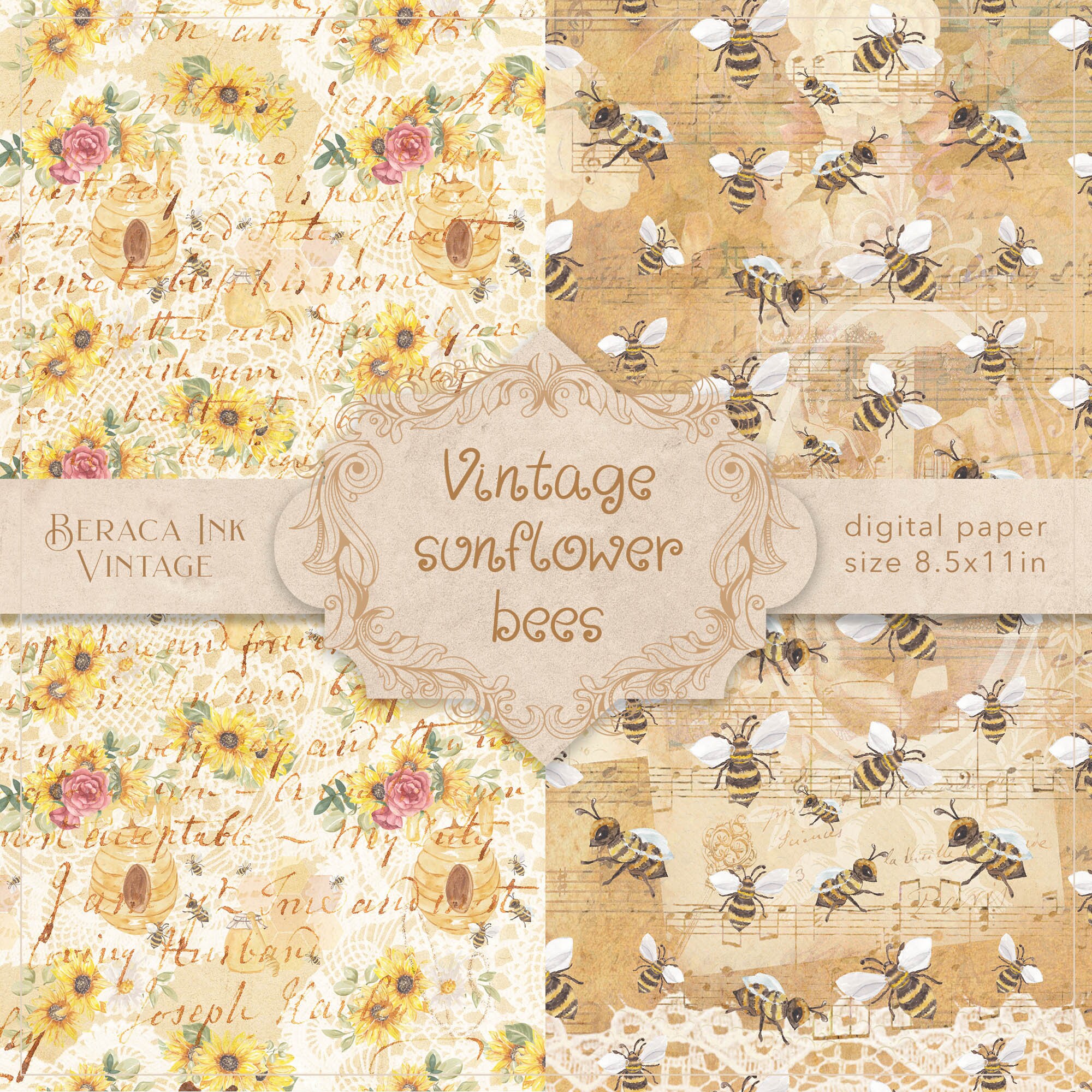 Vintage Sunflower Bees Digital Paper LETTER Size Honey Bee - Etsy