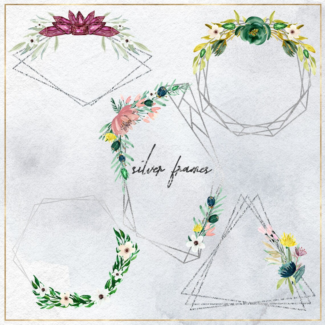 Flower Geometric Frames Clipart Watercolor Flower Frames | Etsy