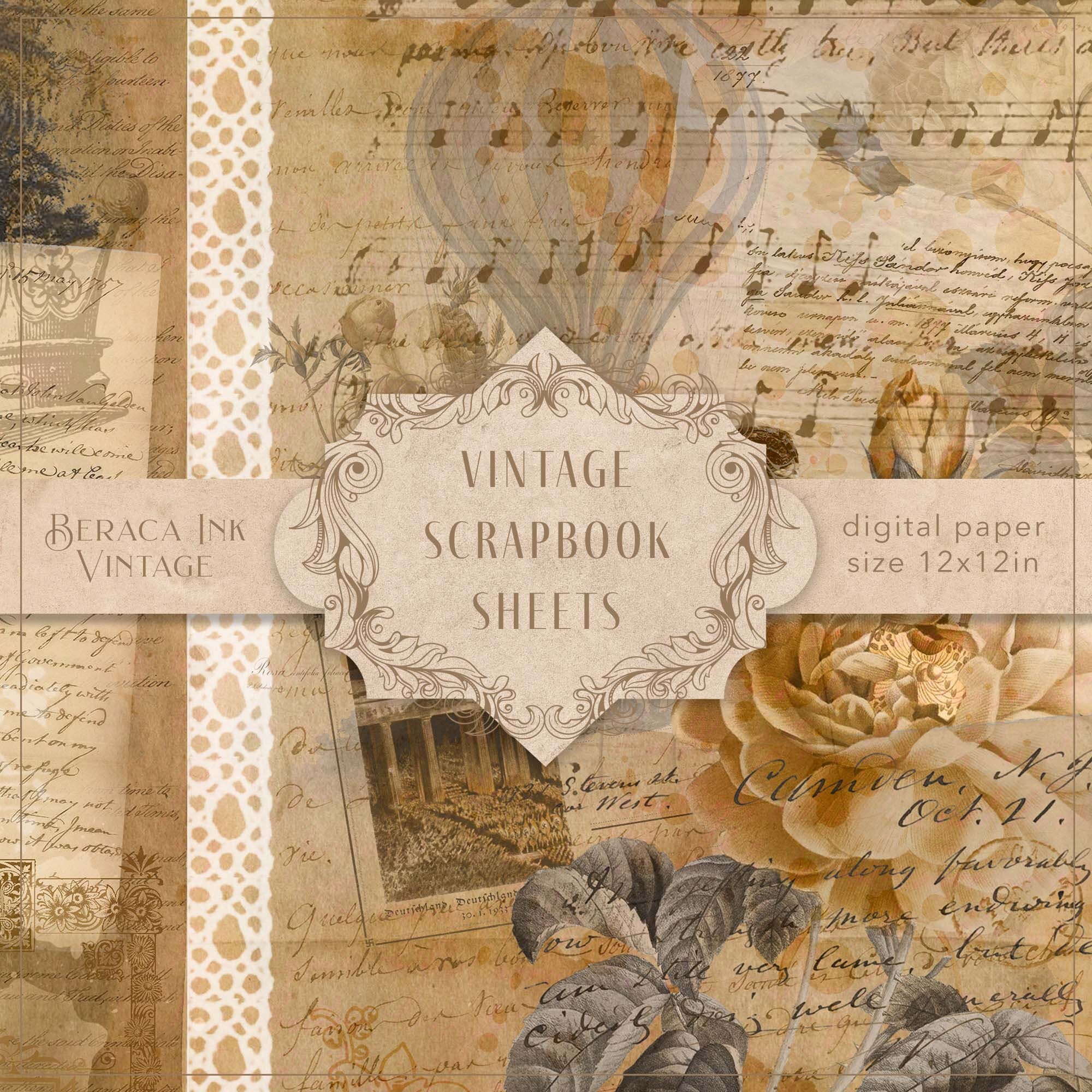 Vintage Scrapbook Sheets Digital Paper, Stained Pages, Old Ephemera ...