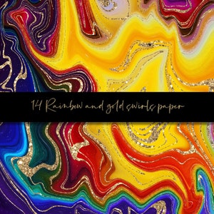 Rainbow Gold Swirls Digital Paper, Colored Background, Liquid Marble ...