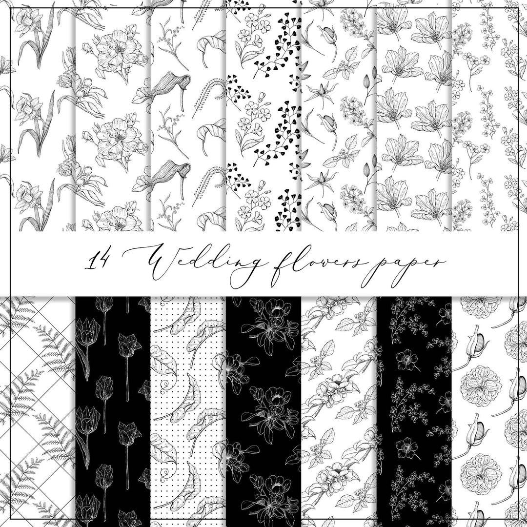 Wedding Flowers Digital Paper, Seamless Pattern, Floral Line Art, Black ...