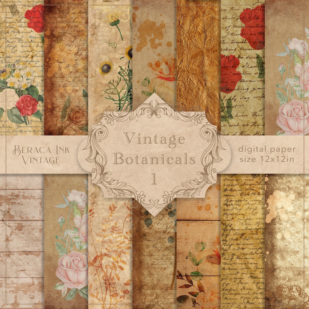 Vintage Botanicals Digital Paper 1, Ephemera Pages, Old Scrapbook ...