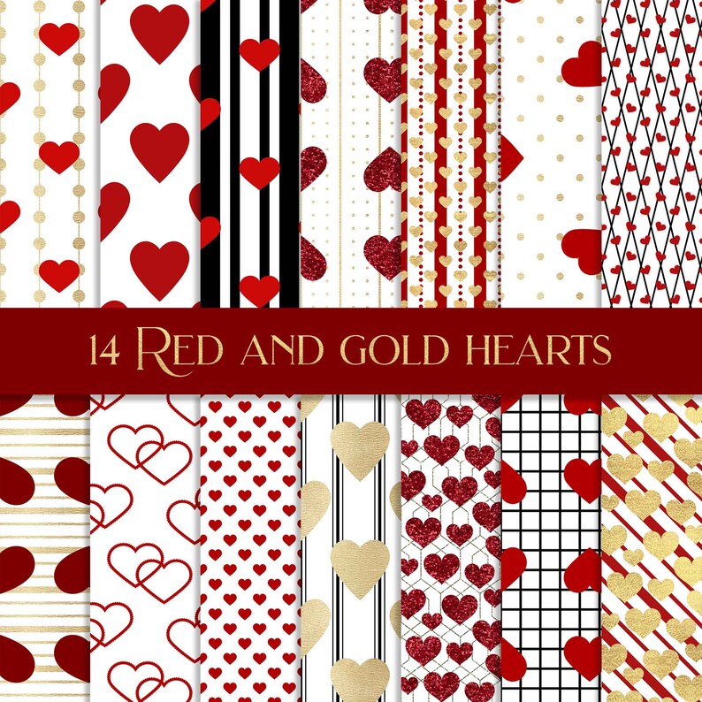 Red and Gold Hearts Digital Paper, Seamless Pattern, Red Hearts ...