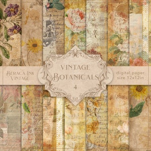 Vintage Botanicals Digital Paper 4, Romantic Ephemera, Antique Letters ...