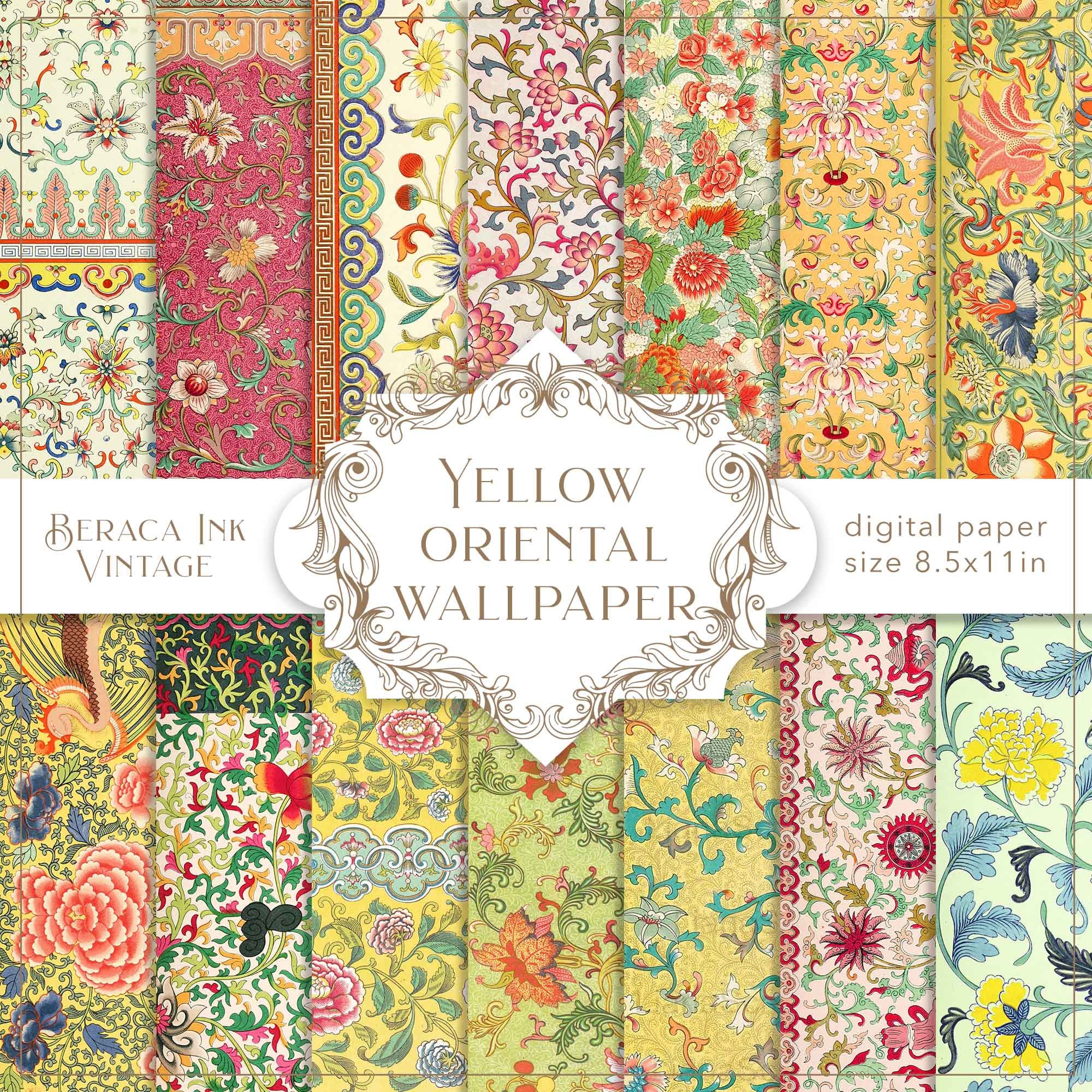 Yellow Oriental Digital Paper, Floral Wallpaper, William Morris Pattern ...