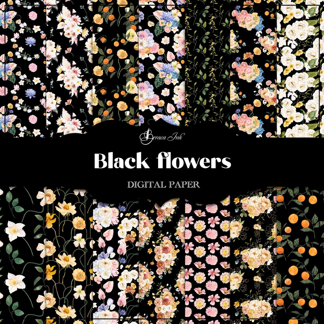 Black Flowers Digital Paper, Seamless Pattern, White Floral Paper ...