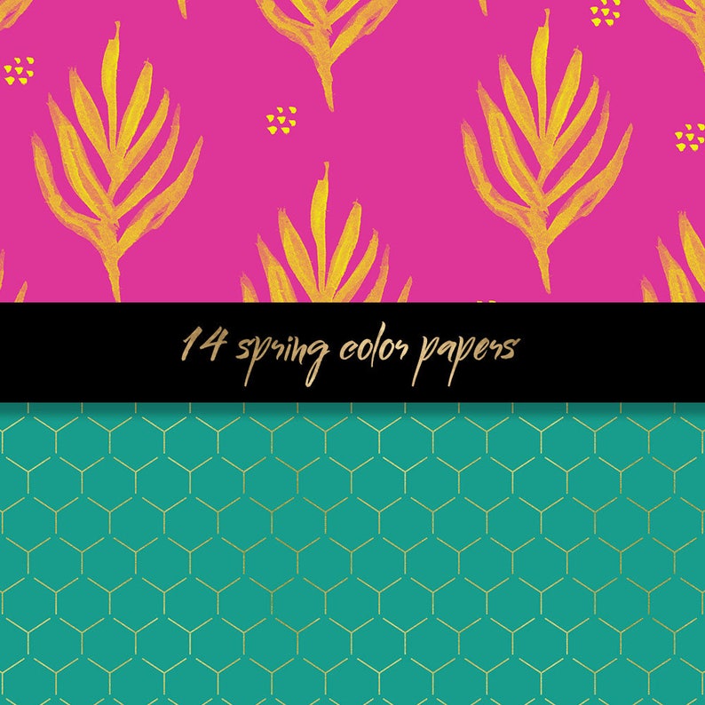 Spring Digital Paper, Watercolor Flower Digital Paper, Gold Pattern ...