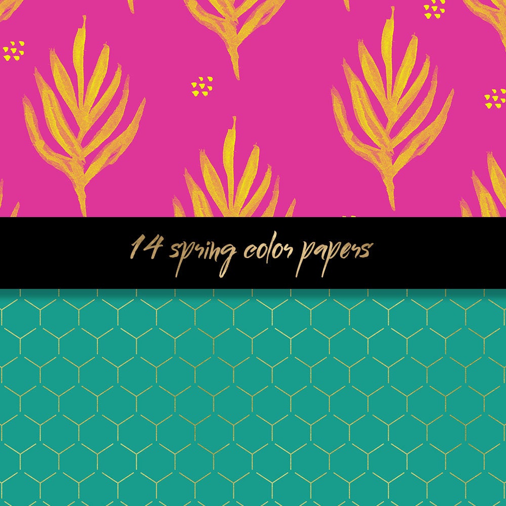Spring Digital Paper, Watercolor Flower Digital Paper, Gold Pattern ...