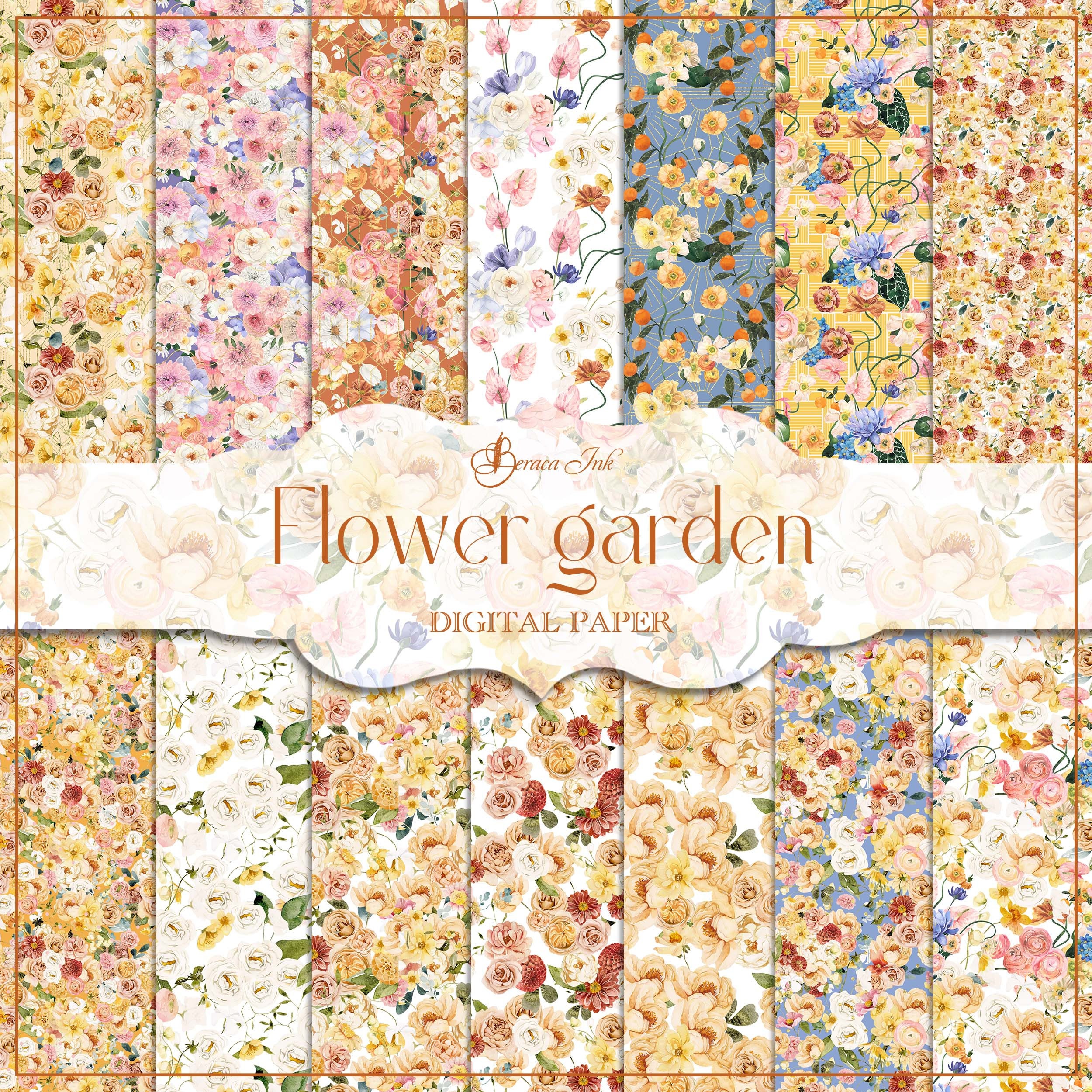 Flower Garden Digital Paper, Seamless Pattern, Bohemian Flowers, Fabric ...