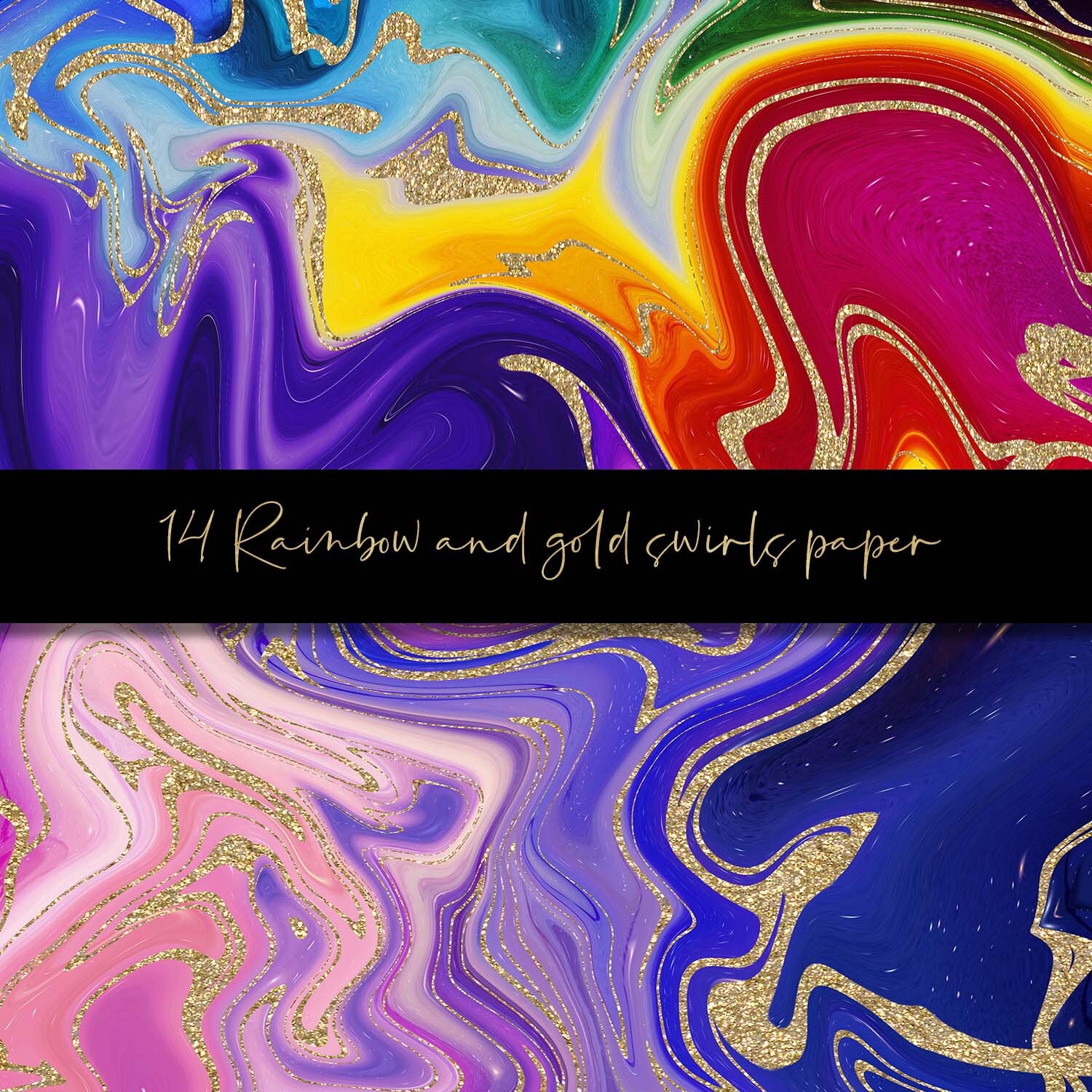 Rainbow Gold Swirls Digital Paper, Colored Background, Liquid Marble ...