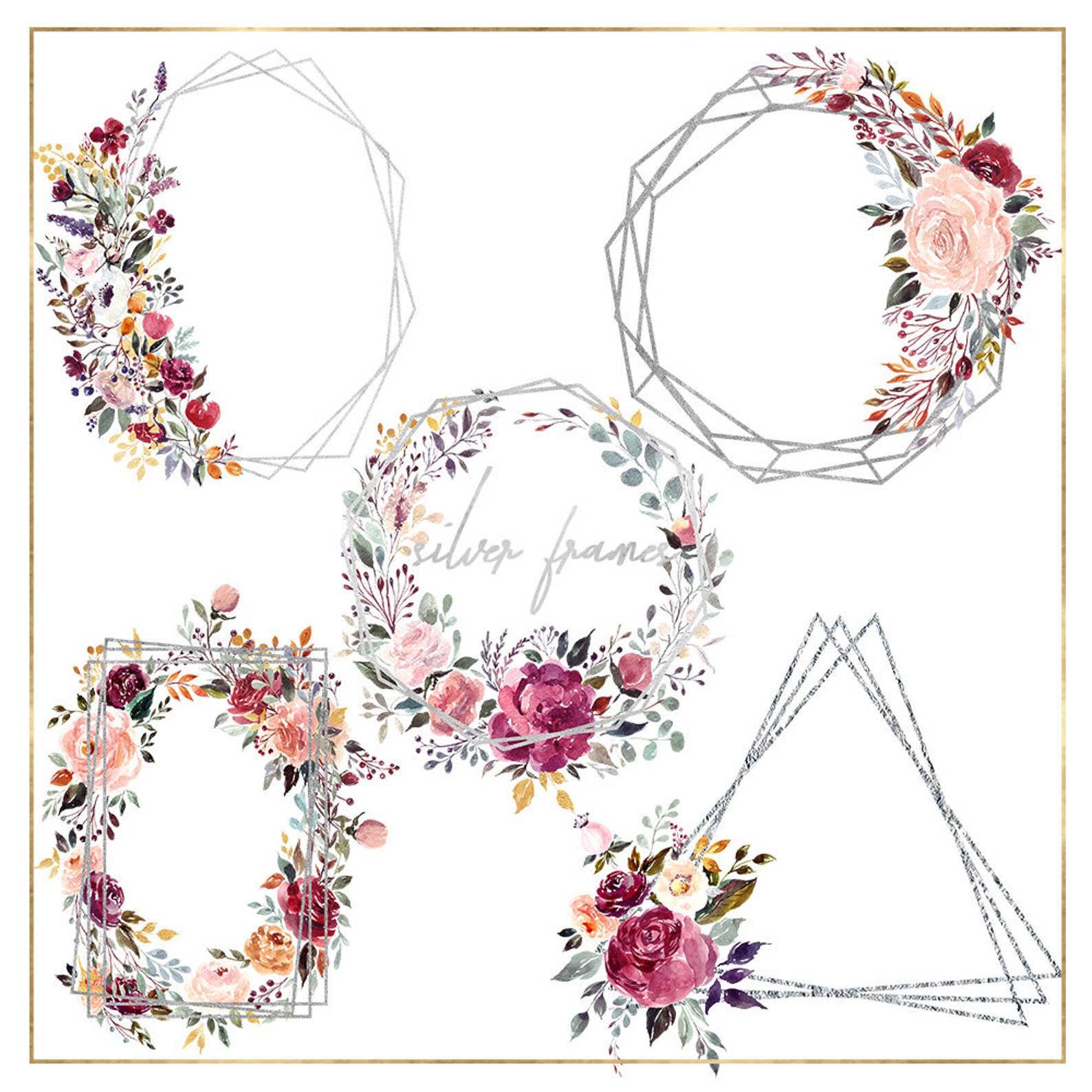 Pink Flower Geometric Frames Clipart Watercolor Flower - Etsy