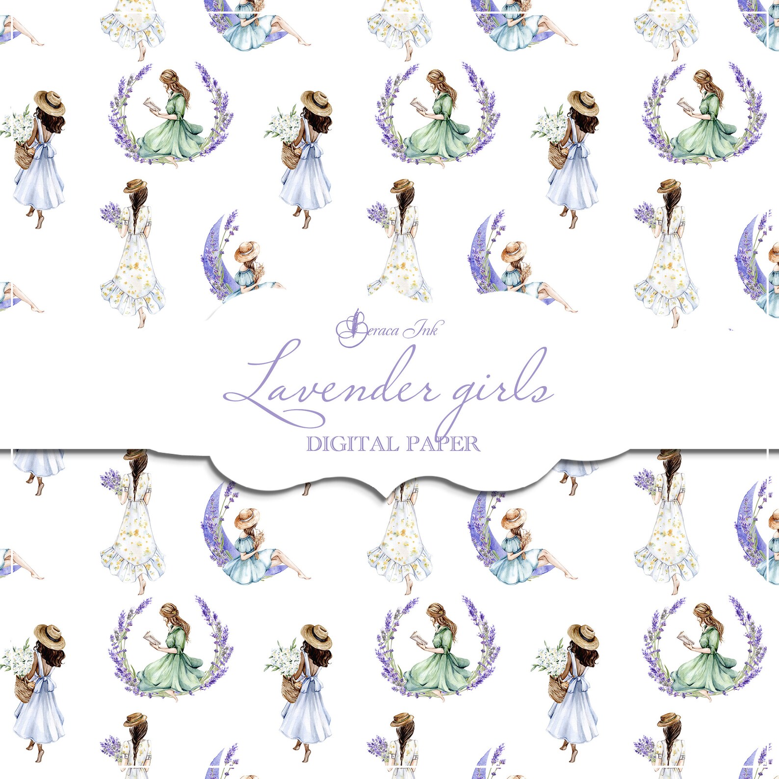Lavender Girls Digital Paper, Seamless Pattern, Lavender Backdrop ...