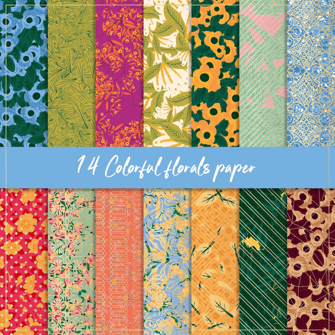Colorful Florals Digital Paper, Modern Flower Paper, Blue Florals Paper ...