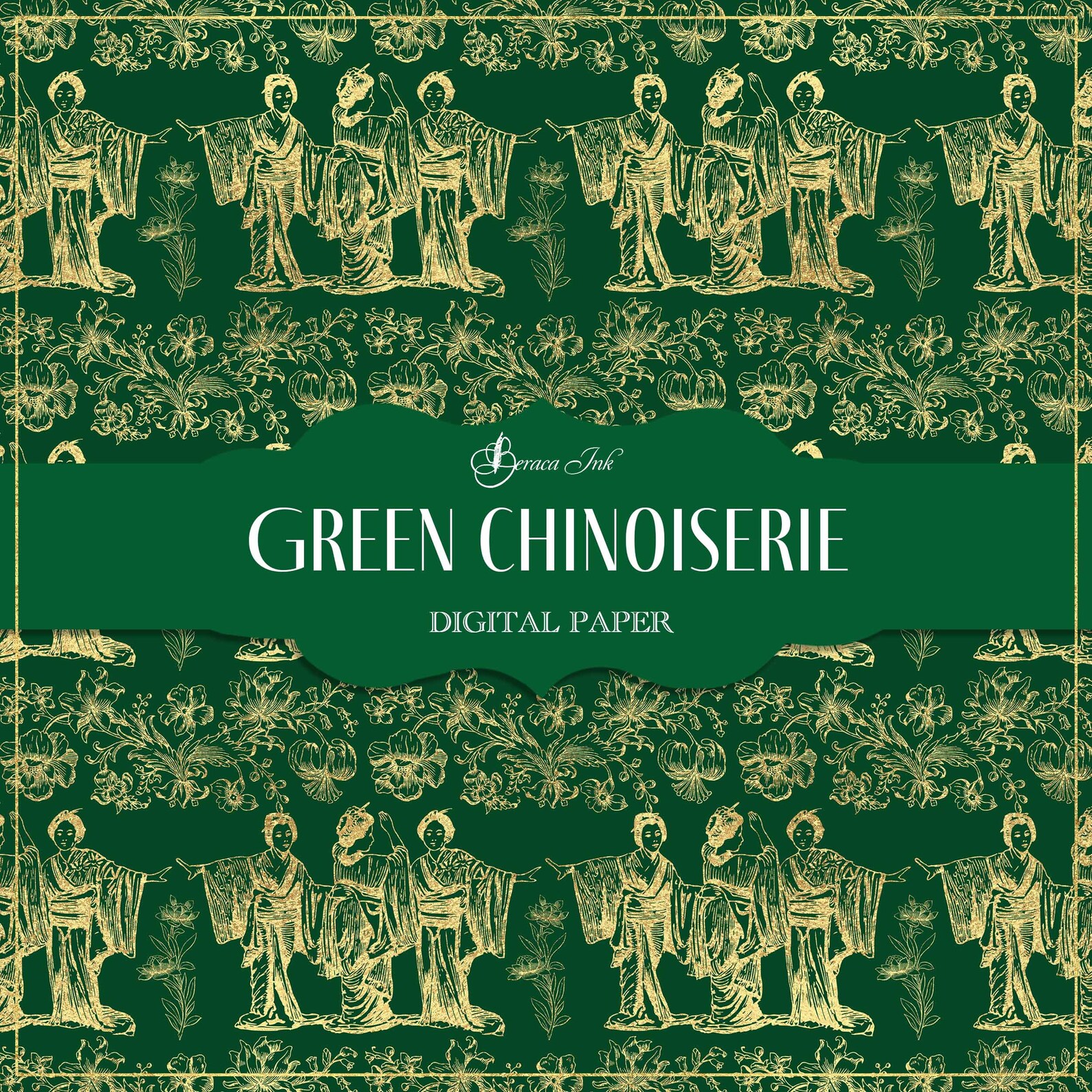 Green Chinoiserie Digital Paper Seamless Pattern Toile | Etsy