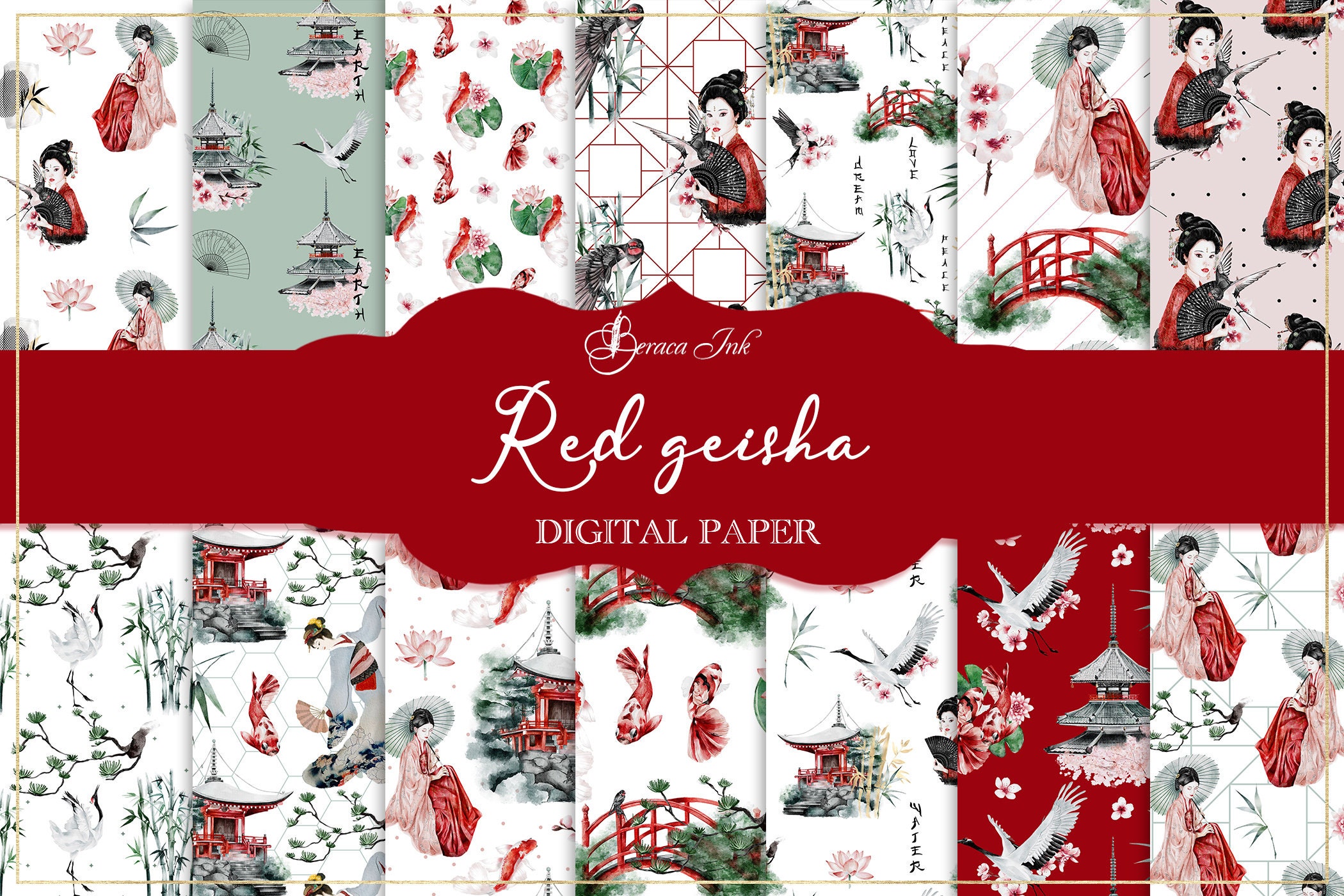 Chinoiserie Paper BUNDLE, Asian Digital Paper, Blue Chinoiserie, Red ...