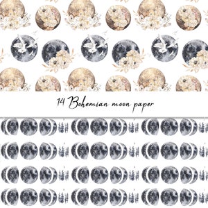 Bohemian Moon Digital Paper, Seamless Pattern, Cosmic Background, Moon ...