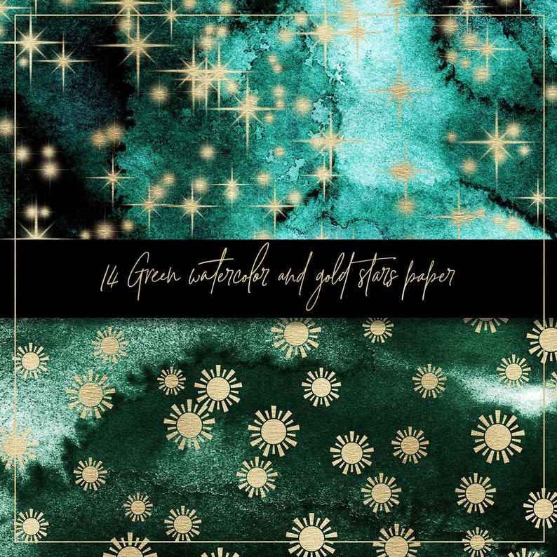 Green Watercolor Digital Paper, Gold Stars Pattern, Galaxy Background ...