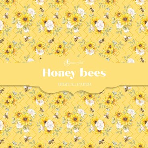 Honey Bees Digital Paper, Seamless Pattern, Sunflower Background, Bee ...