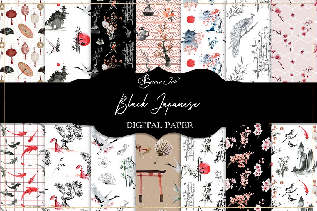 Black Japanese Digital Paper, Seamless Pattern, Chinoiserie Wallpaper ...