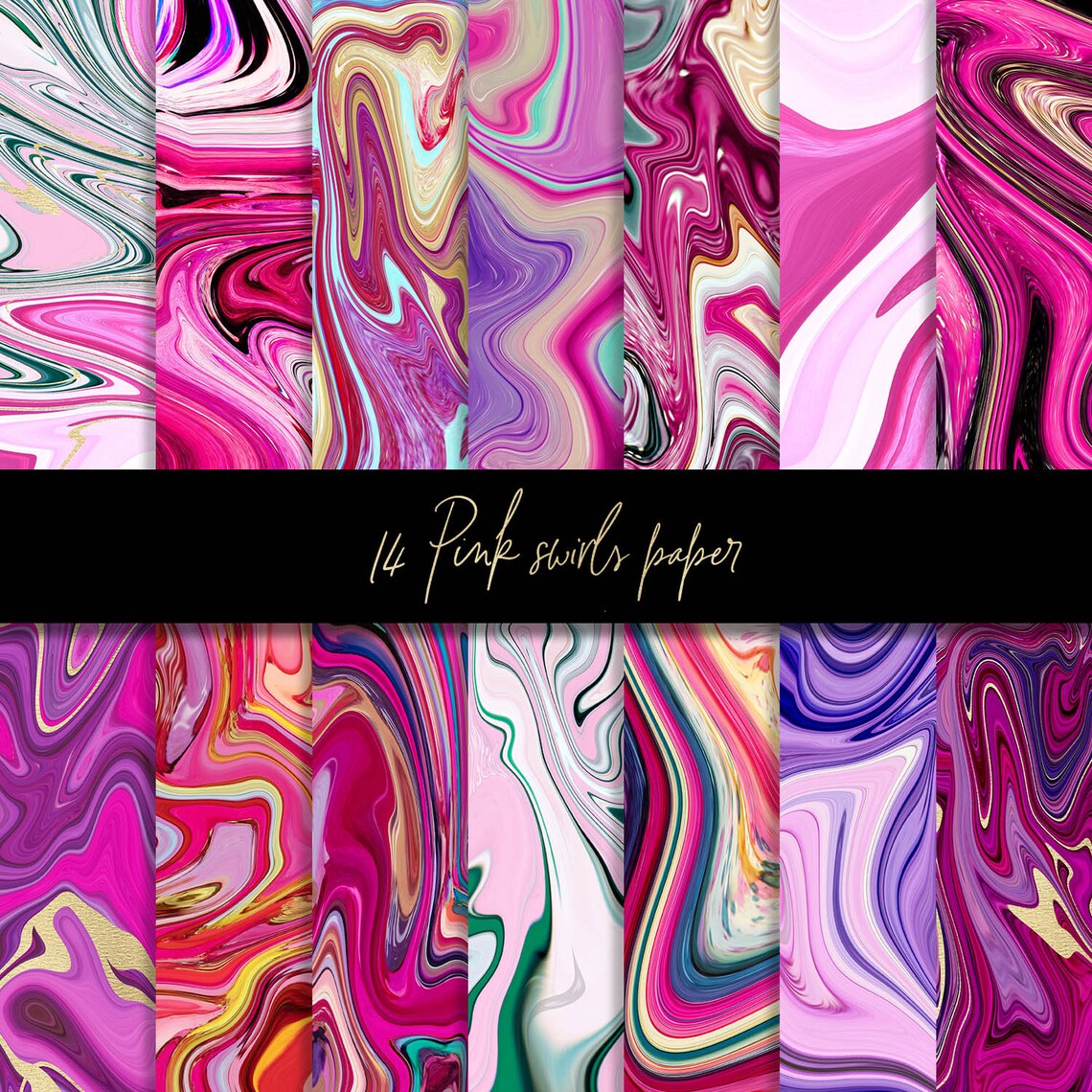 Pink swirls digital paper pink liquid marble pink gold | Etsy