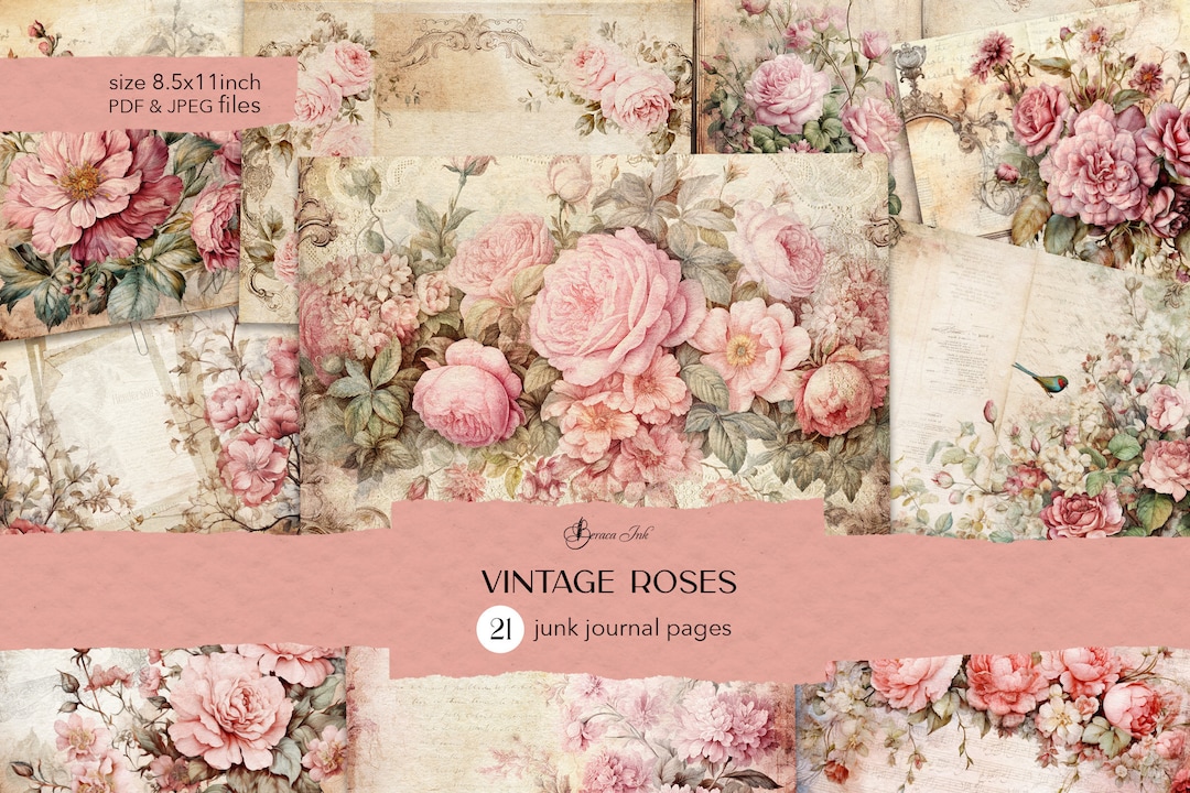 Vintage Roses Journal Pages, Printable Digital Pages, Pink Floral ...