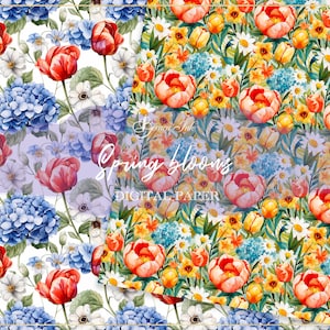 Spring Blooms Digital Paper, Floral Seamless Pattern, Rainbow Flowers ...