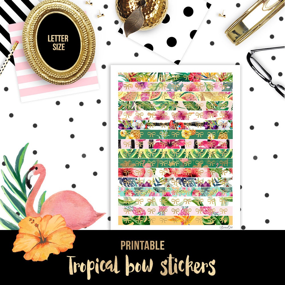 Printable Tropical Planner Stickers, Gold Tropical Stickers, Tropical ...