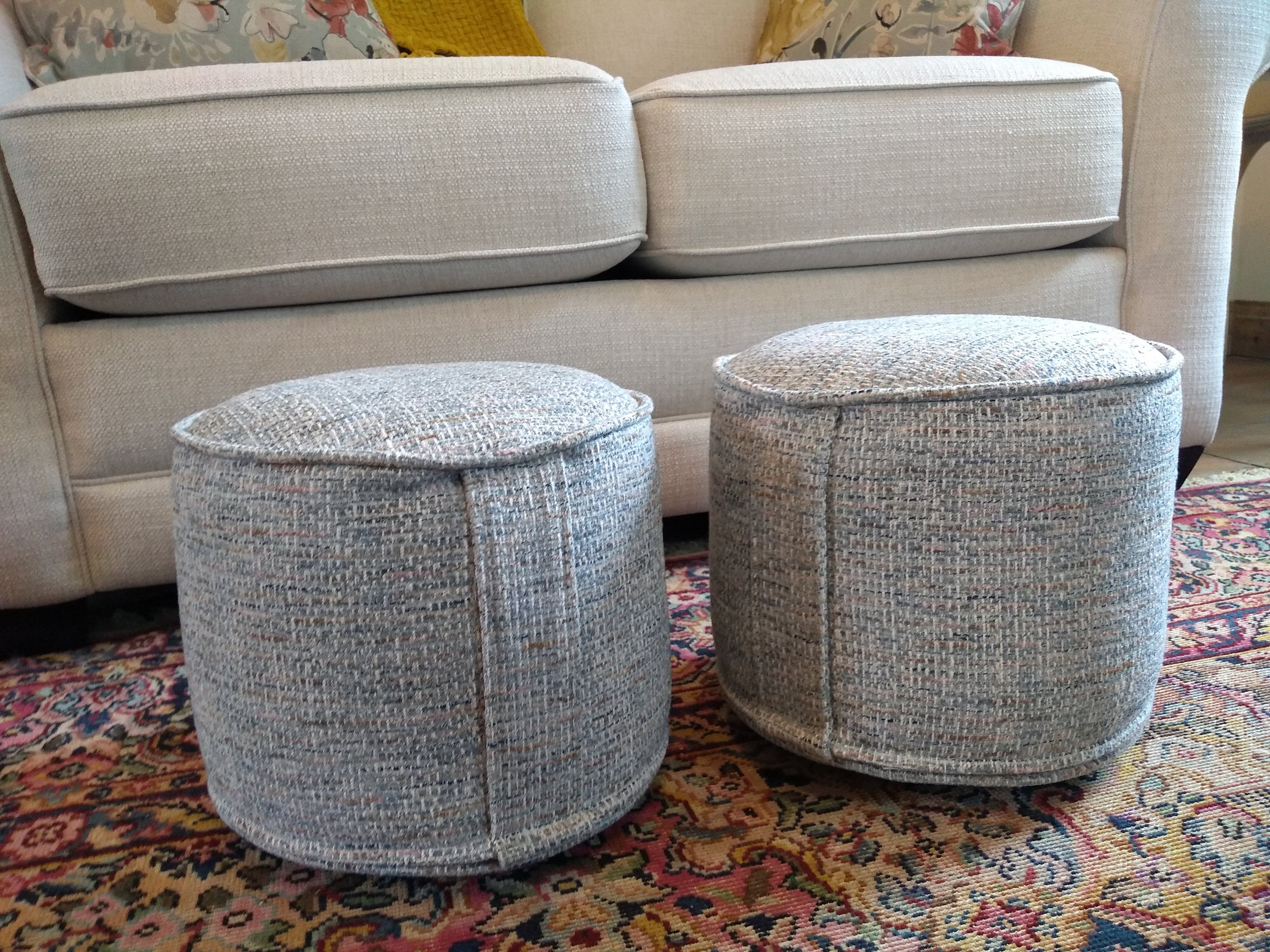 Small Round Footstool Pouffe Cover 12d X 10h Pouf Ottoman Blue Textured Footrest With Handle Made in Stain Resistant Fabric Etsy Canada