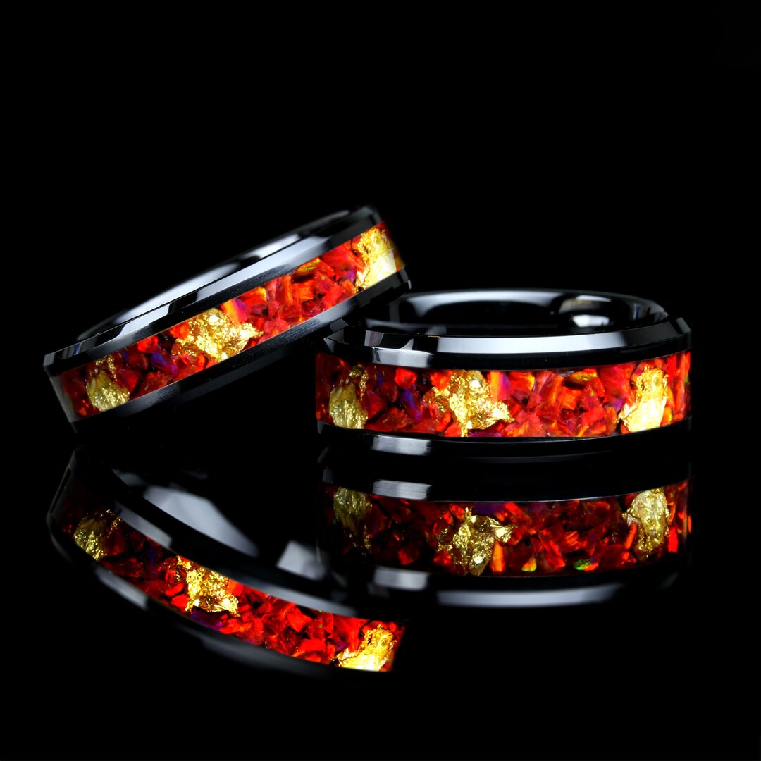 Red Fire Opal Wedding Band Set: 24K Gold Leaf, Black Ceramic Rings - Etsy