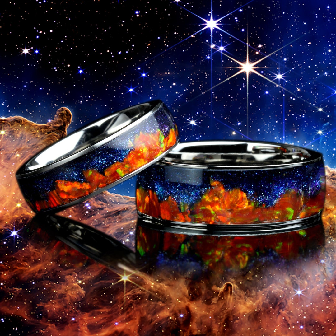 Carina Nebula Fire Opal Ring: Titanium Mountain Wedding Band - Etsy