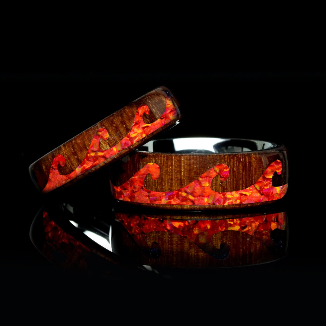 Fire Opal Wedding Band Set His and Hers, Ruby Red Fire Opal Inlay, Wave ...