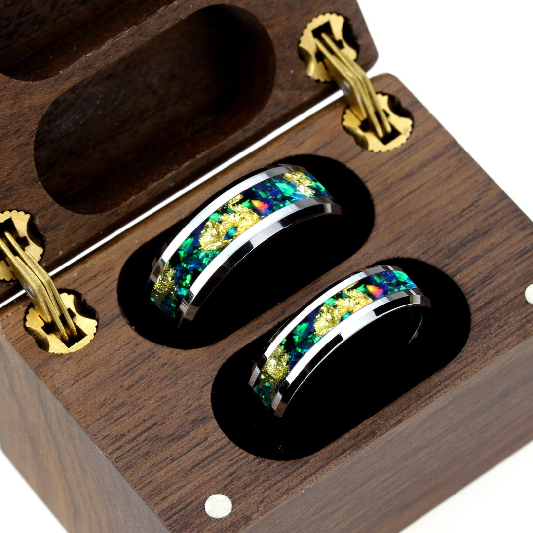 Emerald Green Fire Opal Wedding Band Ring Set, 24K Pure Gold Leaf Ring ...