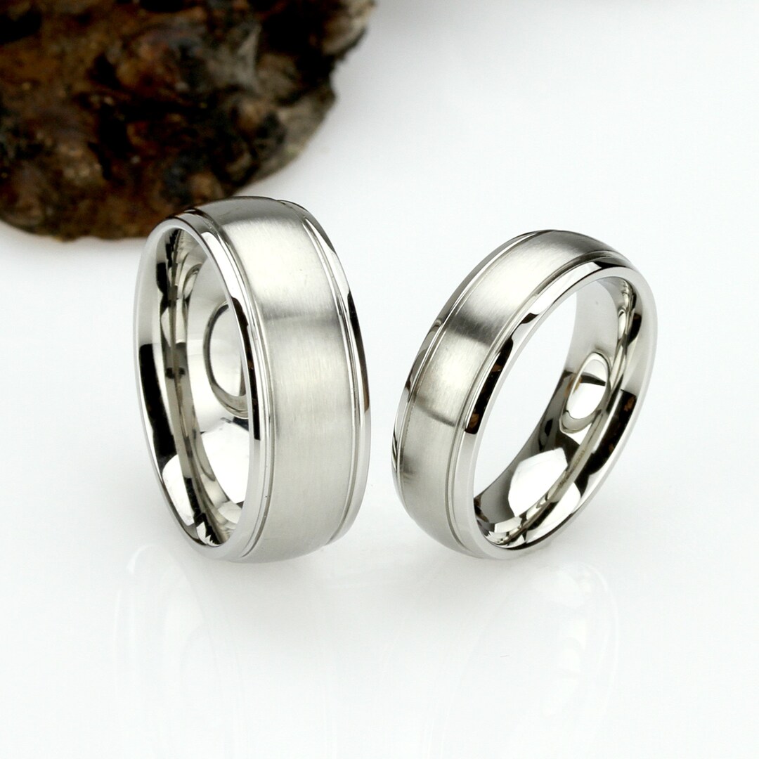 His and Hers Stainless Steel Wedding Band Set, 8mm, 6mm, Matte Dome ...