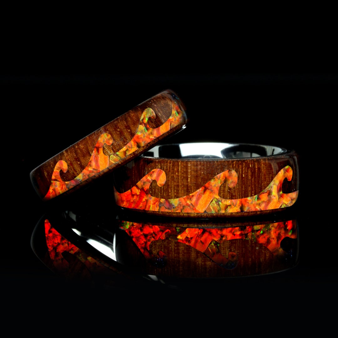 Fire Opal Wedding Band Set His and Hers, Orange Fire Opal Inlay, Wave ...