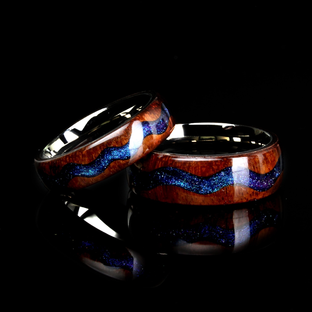Wood Wedding Band Set His and Hers, Night Blue Sky Meteorite Rain 8mm ...
