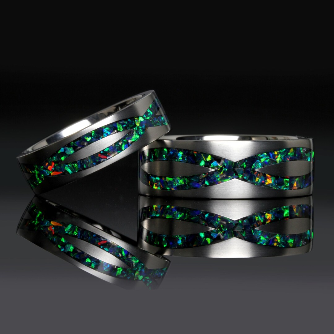 Emerald Green Opal Titanium Wedding Band: Infinity Eternity Ring, 6mm ...