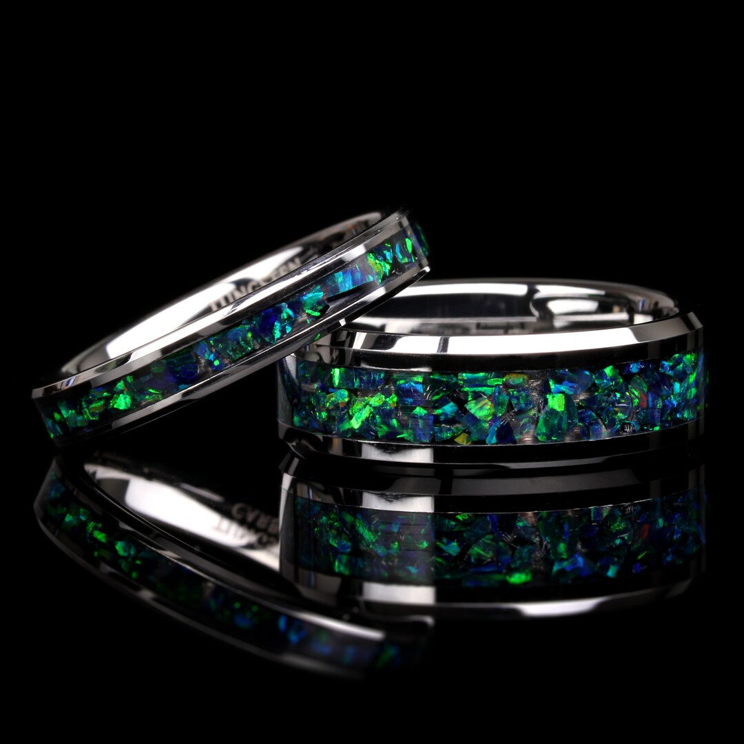 Tungsten Wedding Band Set: Emerald Green Fire Opal Inlay, Promise Rings ...