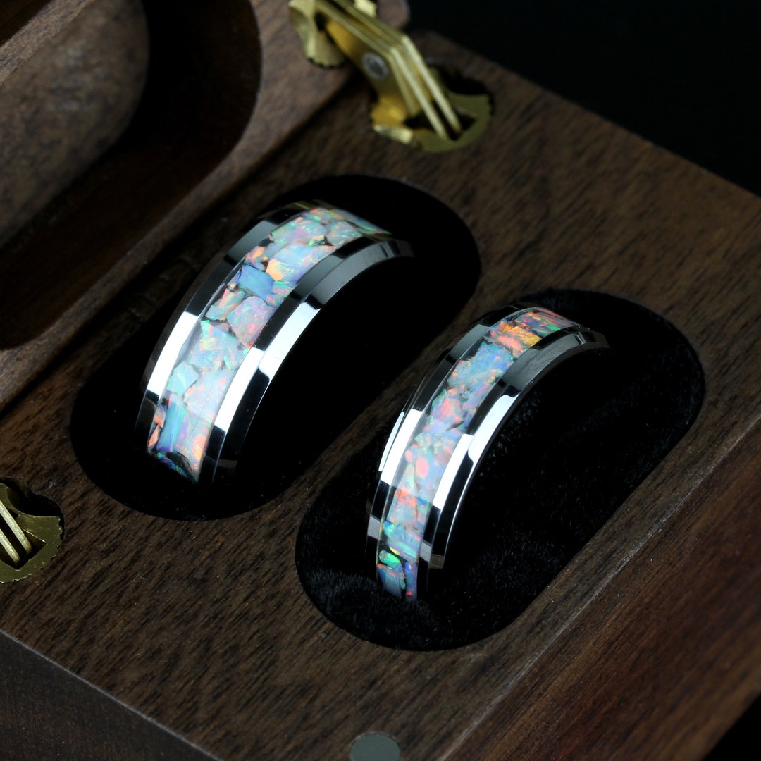 His and Hers Tungsten Wedding Band Set, White Fire Opal Inlay Tungsten ...